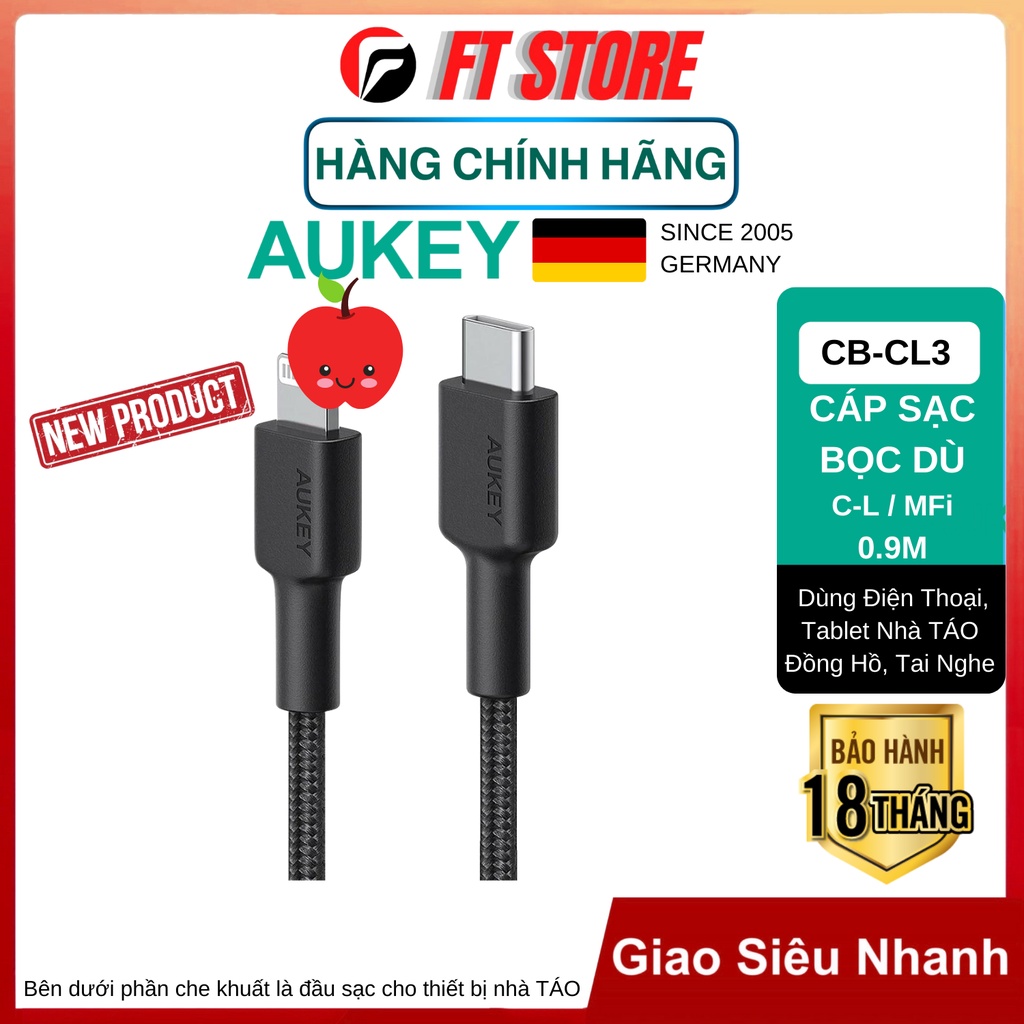 [GIAO HỎA TỐC] Cáp Sạc Nhanh IP12 Series cổng C to L Aukey CB-CL3 0,9m MFi,Hổ trợ sạc PD 22W,Bện ...
