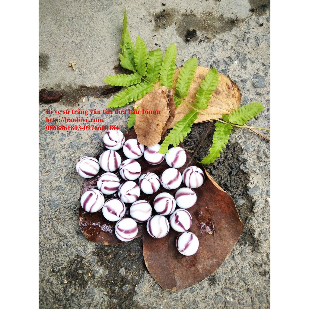 Bi ve - bộ viên bi sứ trắng vân tím dưa hấu đường kính 1.6 cm bộ 10 ...