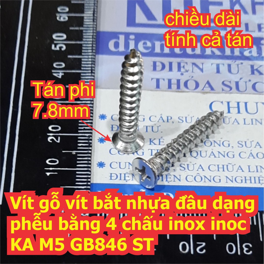 Vít gỗ vít bắt nhựa đầu dạng phễu bằng 4 chấu inox inoc KA M5 GB846 ST M5 dài 12mm ~ 40mm ...