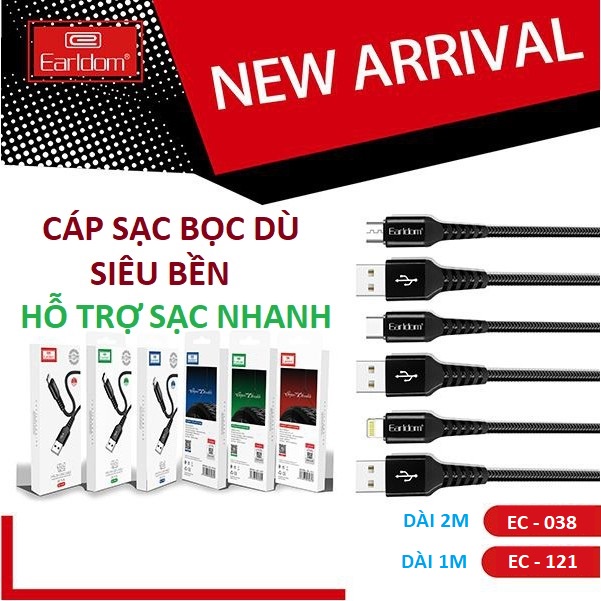 Cáp sạc bọc dù đầu chống gãy gập EARLDOM EC-038/EC-121 dài 2M/1M chân ip/Micro/typeC có hỗ trợ ...
