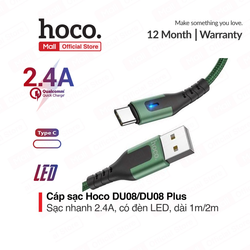 Cáp sạc Hoco DU08/DU08 Plus Type-C USB, hỗ trợ sạc nhanh 2.4A, dây bọc ...