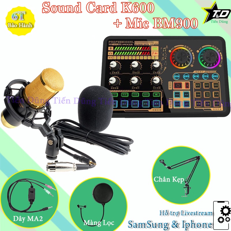 Bộ micro thu âm sound card k600 mic bm900 chân màng dây live stream ma2 ...
