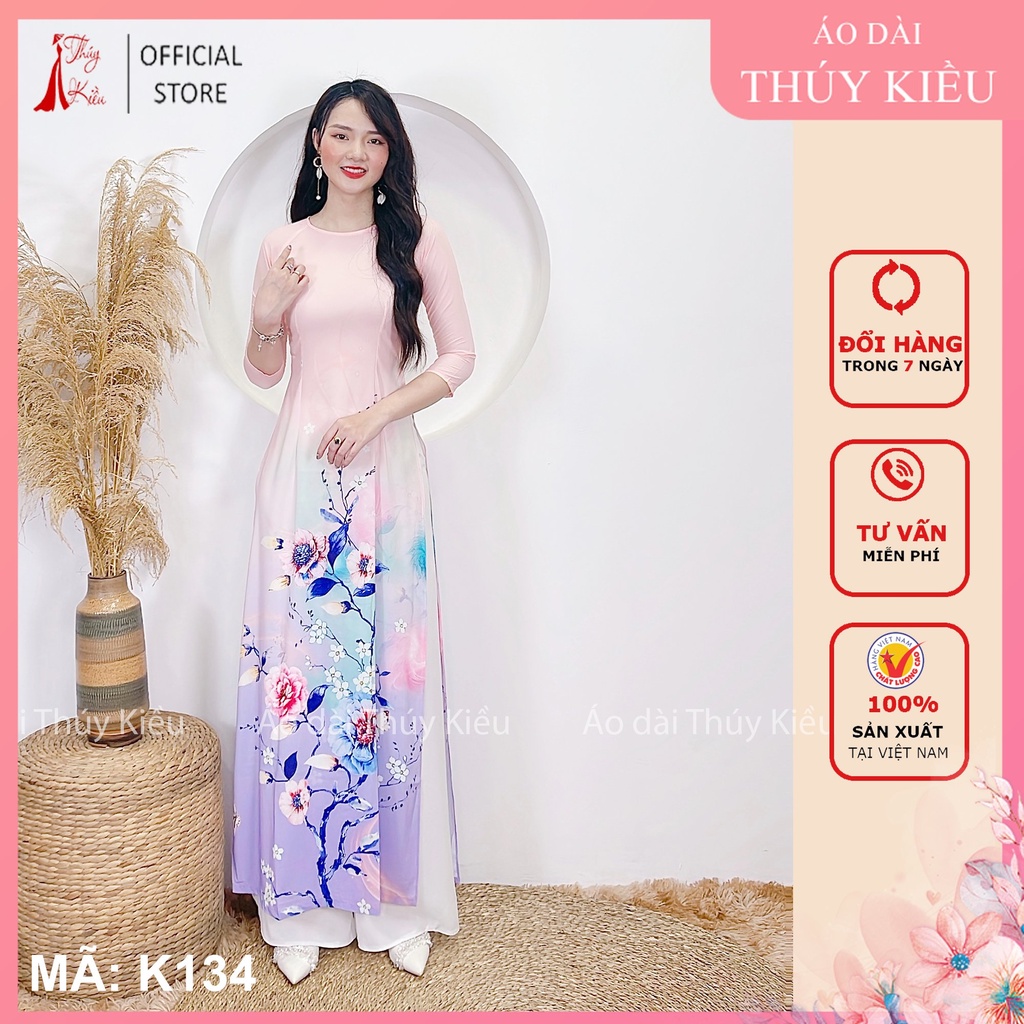 Áo dài in 3D lụa Nhật nền hồng nhạt tà tím in cành lá K134 Thúy Kiều mềm mại co giãn áo dài giá ...