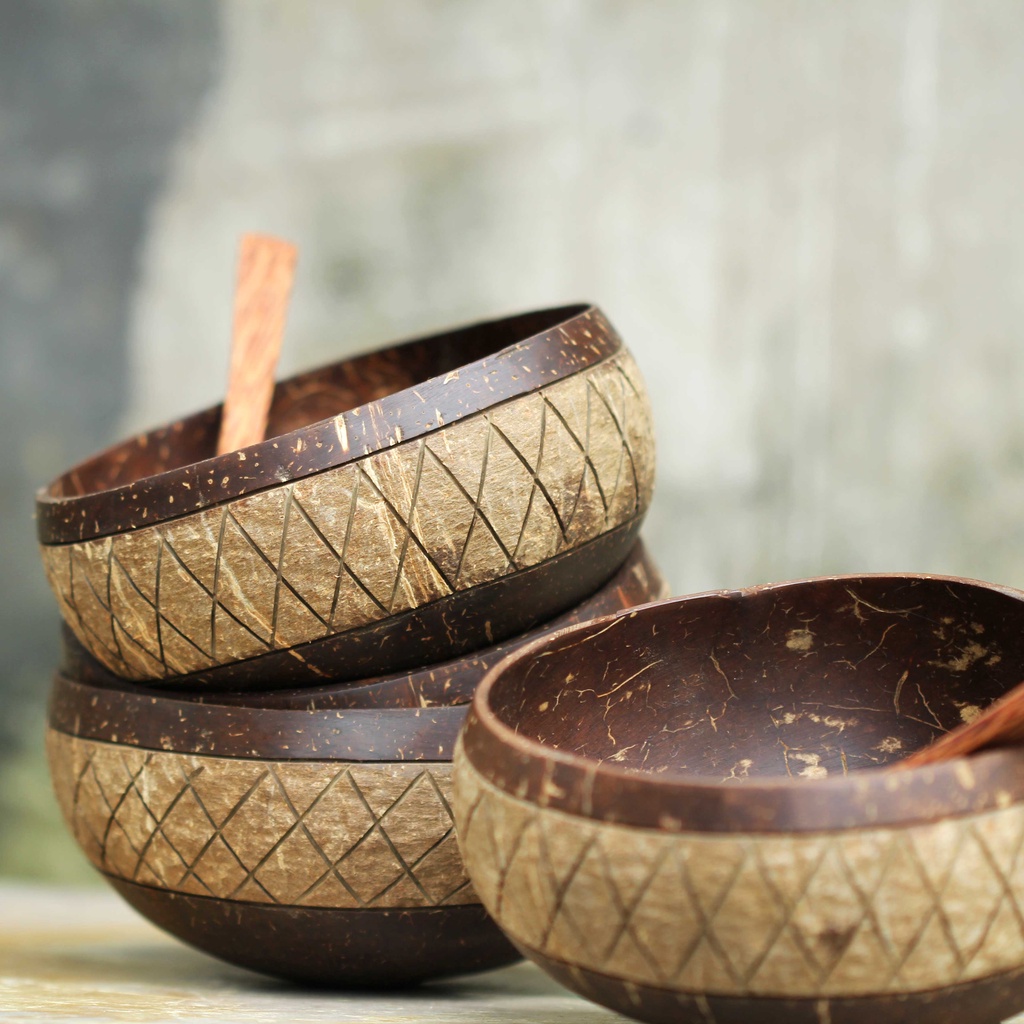 IChuẩn xuất khẩuI Tô/Chén/Bát gáo dừa khắc hoa văn Mon IMon Pattern ...