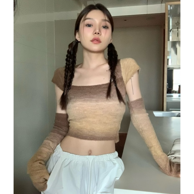 QKOOLE Áo croptop Dệt Kim Tay Dài Cổ Vuông Kiểu Vintage Hàn Quốc Dễ ...