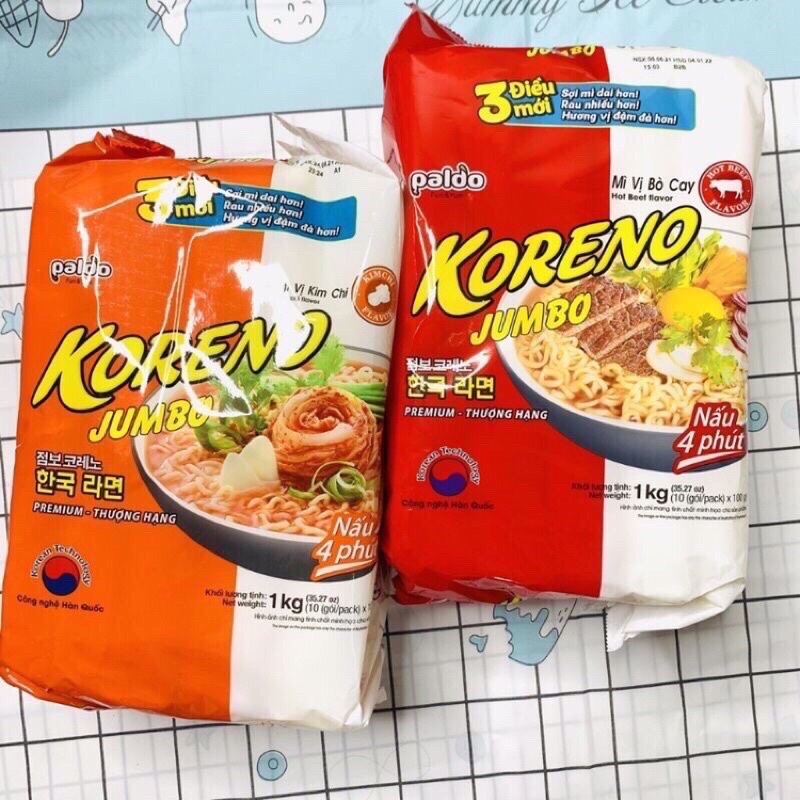 Mì koreno jumbo vị bò cay, vị kim chi - 10gói/lốc | Shopee Việt Nam