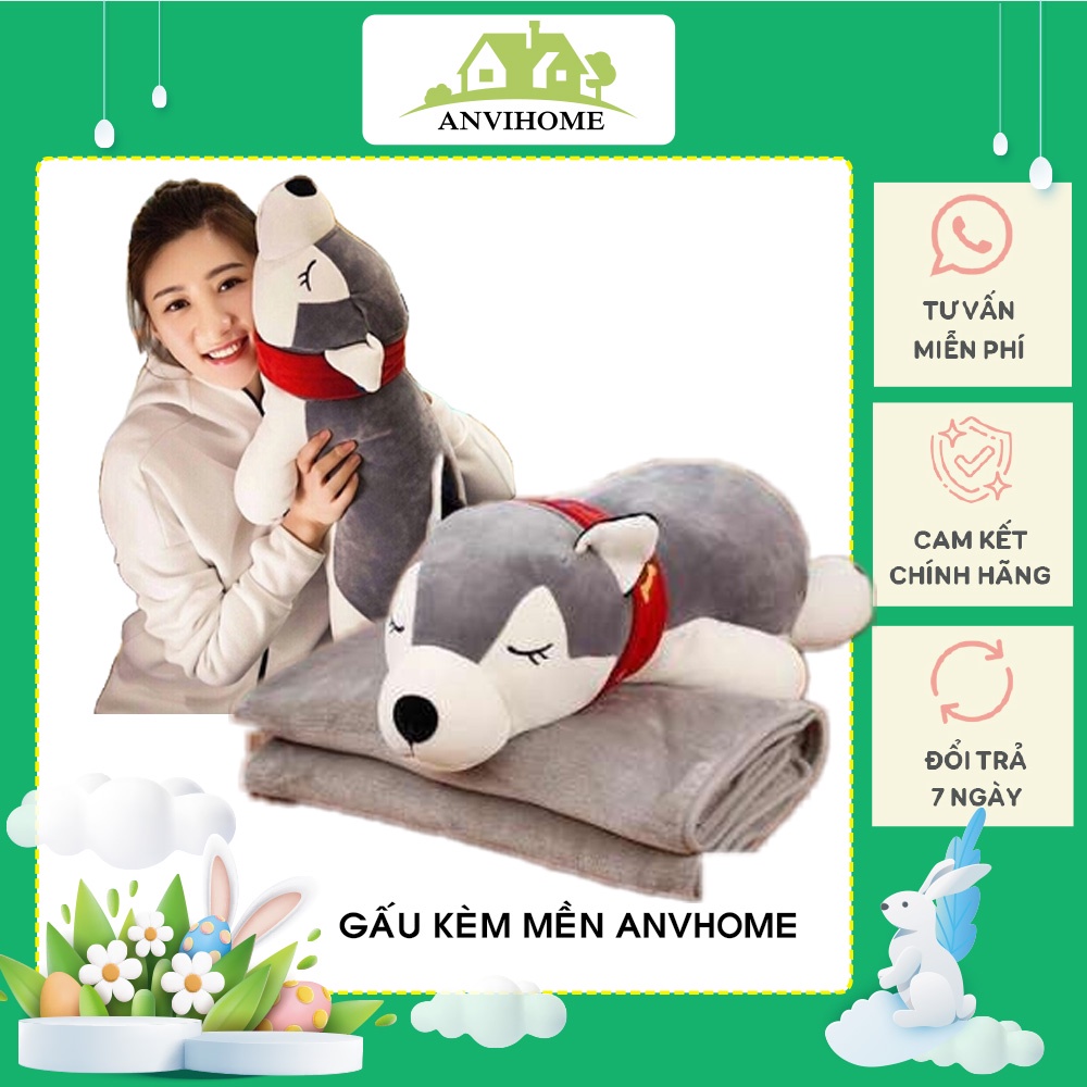 Bộ chăn gối văn phòng gấu bông có mền hình Chó Husky chó ngáo moca chó ...