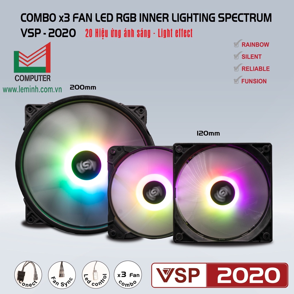 Quạt Tản Nhiệt Thùng Máy Vi Tính ( Fan Case) Bộ kit 3 Fan Led RGB VSP 2020 ( 1Fan 20cm và 2Fan ...