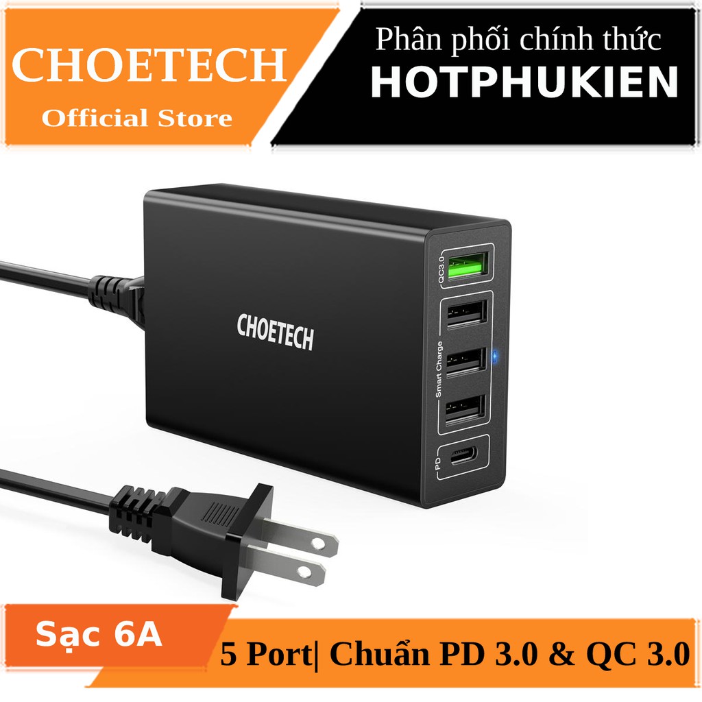 Adapter cóc củ sạc nhanh 60w 4 cổng USB & 1 cổng PD Type-C hiệu CHOETECH Q3-4U2Q - hàng chính ...