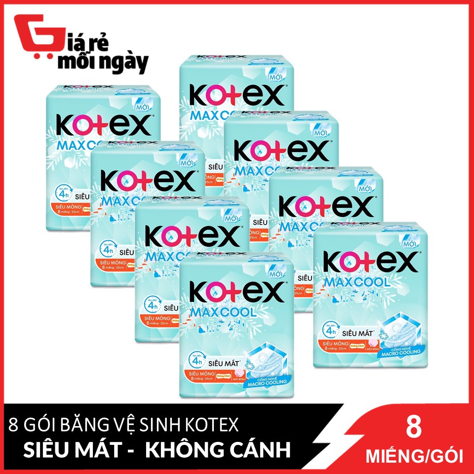 Combo 8 Băng Vệ Sinh Siêu Mỏng Không Cánh 23cm 8 Miếng Kotex MaxCool Mặt Bông Mềm Mại | Shopee ...