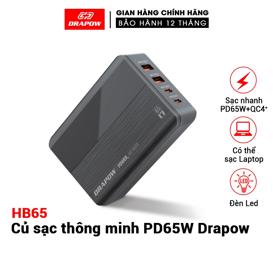 Bộ sạc nhanh 65W thông minh HB65 DRAPOW PD 65W củ sạc được cho IP Laptop PD QC PPS VOOC | Shopee ...