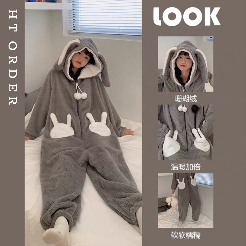 Bộ ngủ bông thỏ xám liền người mũ tai thỏ dài chất lông mềm mại ấm áp ...