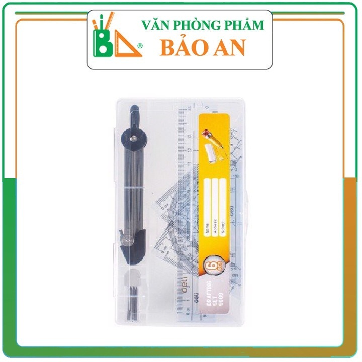 Bộ Eke Deli 9609 gồm bốn cây thước kẻ và compa đặt trong hộp nhựa ...