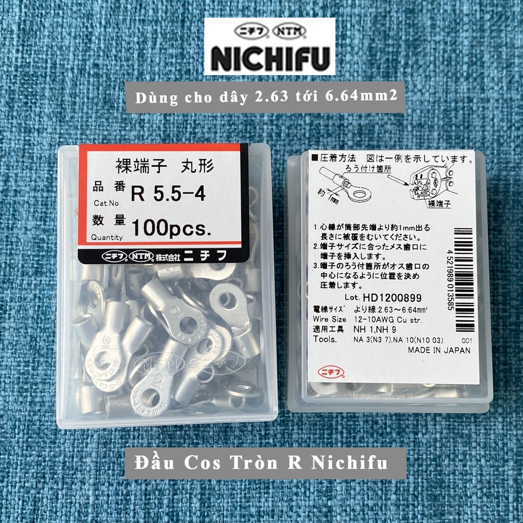 Đầu cos tròn R5.5 Nichifu Nhật Bản- Đầu cốt tròn loại trần -Cho dây 2.63 tới 6.64mm2 R5.5-4 R5.5 ...