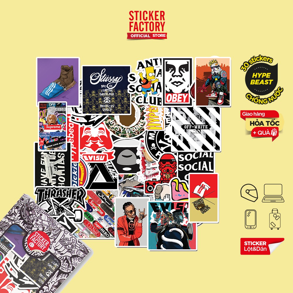 Hype Beast - Set 30 sticker decal hình dán nón bảo hiểm, laptop, xe máy ...