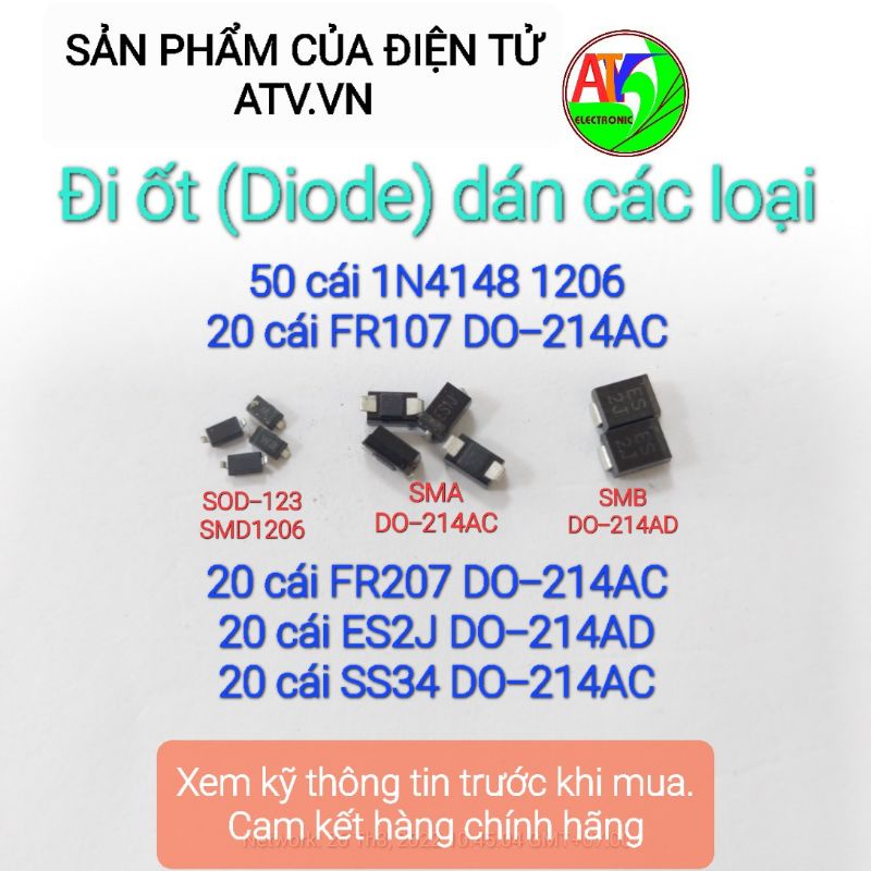 50 cái Diode dán 1n4148 1n4007 Fr107 Fr207 Es1j Es2j SS34 SS54 T4 M7 ...