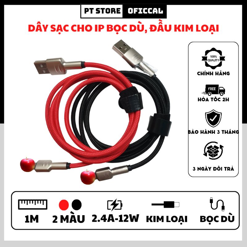 Dây sạc nhanh cao cấp đầu lighting cho các đời ip 5,6,7,8,X,11,12,13 bọc dù , 2 đầu kim loại ...