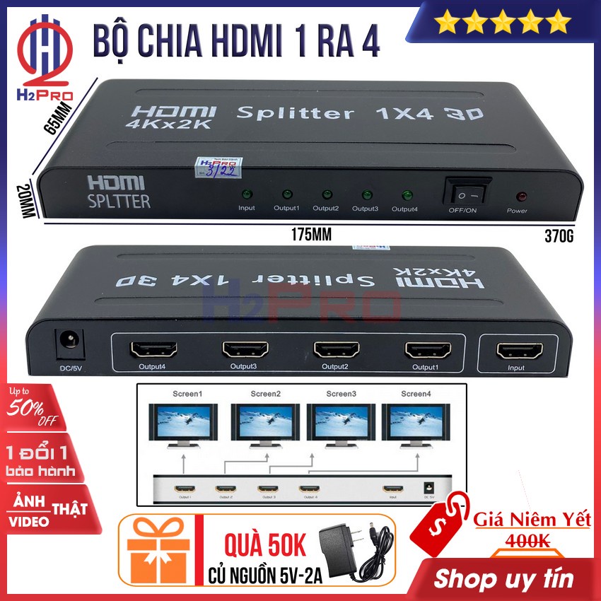 Bộ Chia HDMI 1 ra 4 H2pro cao cấp chuẩn 4K-3D, chất lượng cao, Bộ Chia HDMI Splitter 1x4 ...