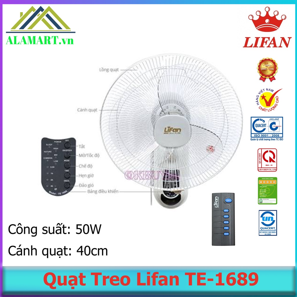 QUẠT TREO TƯỜNG LIFAN TE1689 có remote, đảo hình sóng, chuyển hướng gió ...