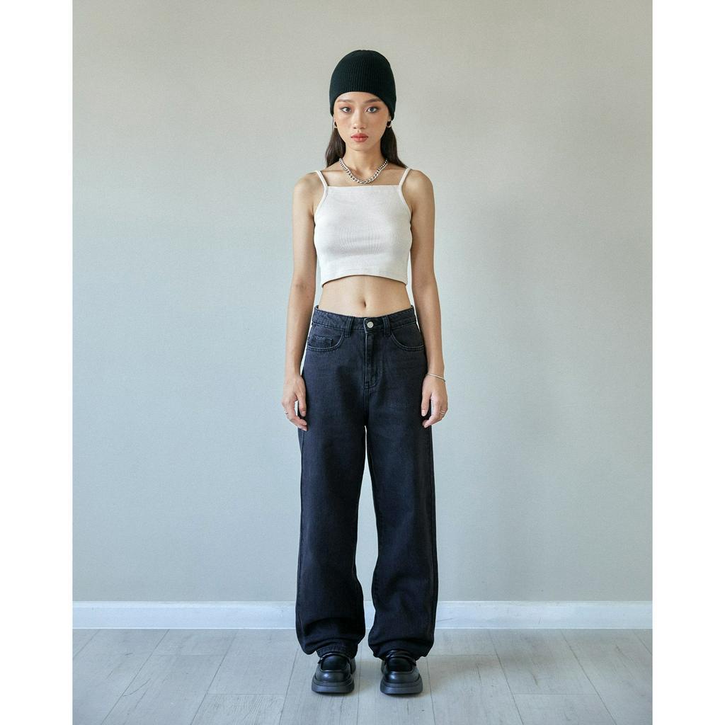 Quần Jeans Nữ Lưng Cao Cotton Dáng Suông Ống Rộng Form Dài Màu Đen Xám ...