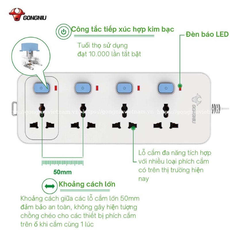 Ổ Cắm Điện Gongniu 4 Ổ Đa Năng 4 Công Tắc – Công Suất 10A/250/2500W (N3040) cao cấp | Shopee ...