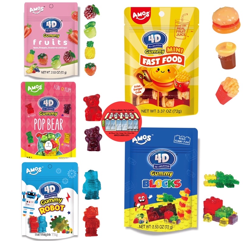 Kẹo dẻo Amos 4D gói 72g hình trái cây, robot, khối ghép, thức ăn nhanh, gấu | Shopee Việt Nam