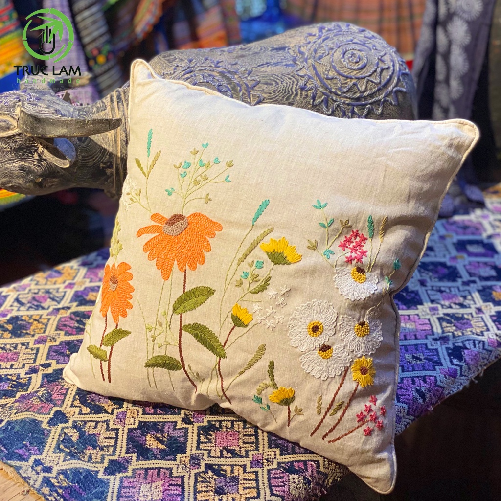 Gối/Vỏ Gối Vuông Tựa Lưng Sofa (45x45) Trang Trí Phòng Vải Linen Thêu ...