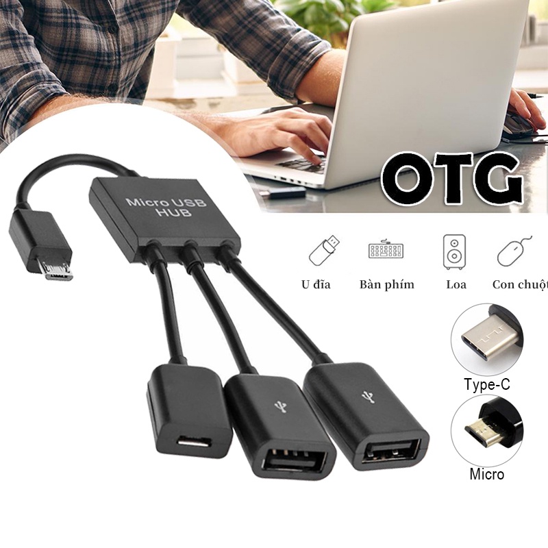 MICRO USB HUB Bộ chuyển đổi FONKEN nối 3 cổng cắm Type-C/ V8 USB với ...