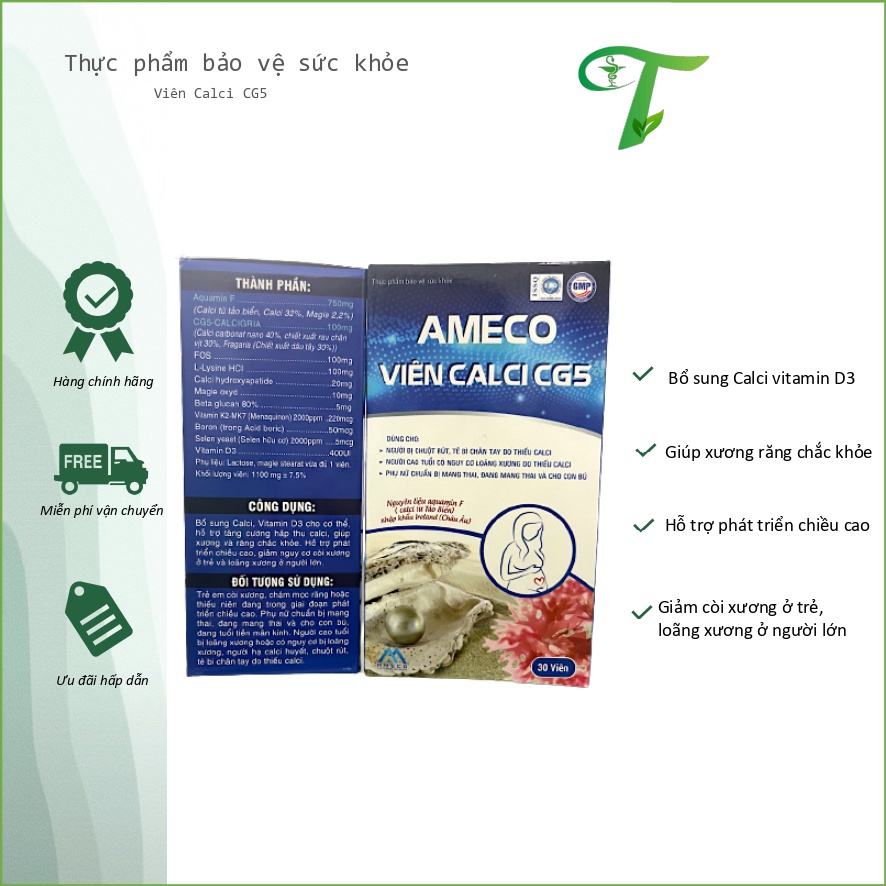 Viên Calci CG5 Ameco giúp bổ sung Canxi vitamin D3 giúp xương chắc khỏe, phát triển chiều cao ...