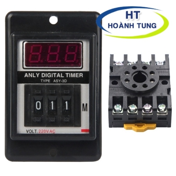Timer điện tử ASY-3D rơ le thời gian có tai 8 chân tròn hiển thị số điện 220VAC kèm chân đế ...
