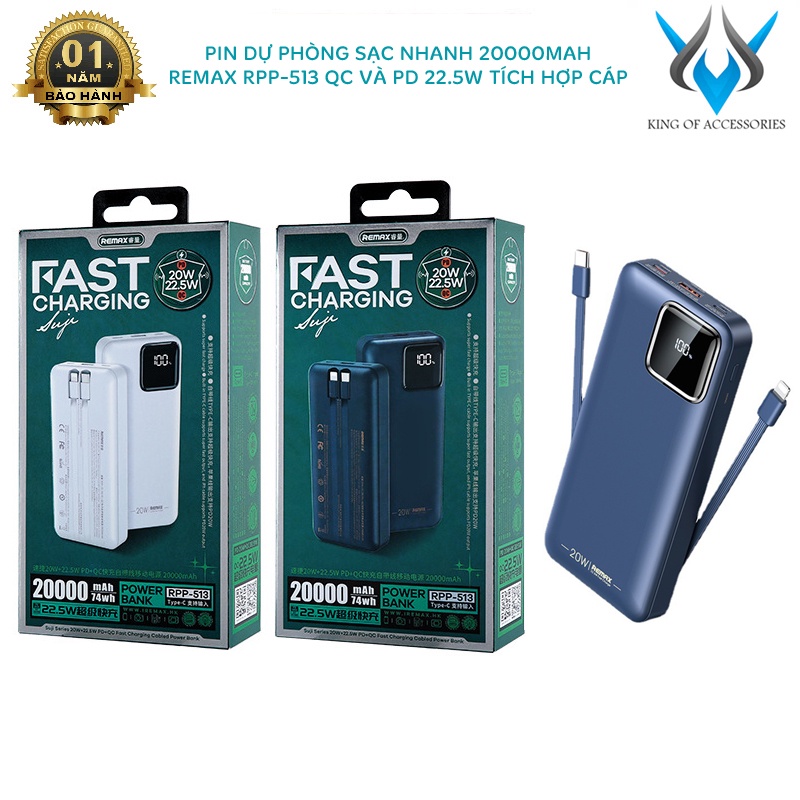Pin dự phòng sạc nhanh Remax RPP-513 Suji Series 20000mAh 2 cáp sạc QC 22.5W PD 20W (MÀU NGẪU ...