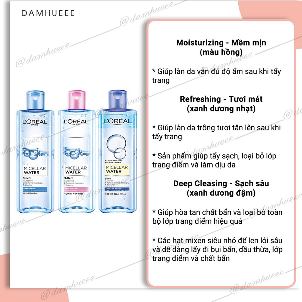 Nước Tẩy Trang Cho Mọi Loại Da L'Oreal Paris 3in1 Micellar Water 95ml/400ml | Shopee Việt Nam