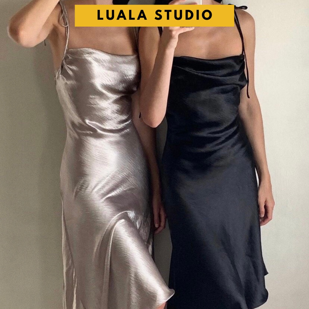 Đầm lụa dự tiệc Luala thiết kế nhún ngực sexy sang chảnh, tà vạt xéo ...
