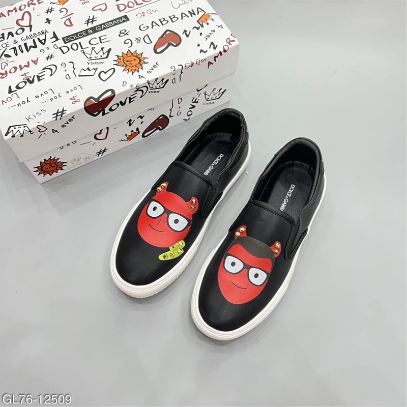 Giày slipon da nam DG in nổi hình mặt quỷ đỏ tag đinh vàng đế cao su ...