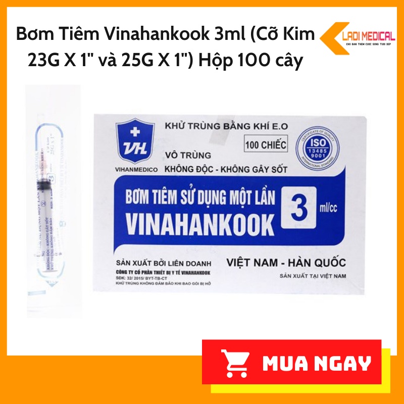 Bơm Tiêm Vinahankook 3ml (Cỡ Kim 23G X 1" và 25G X 1") Hộp 100 cây ...