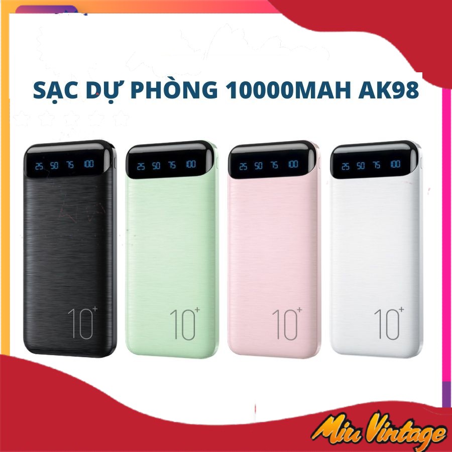 Sạc dự phòng AK98 10000mah 2 cổng USB hỗ trợ sạc nhanh, màn hình LED ...