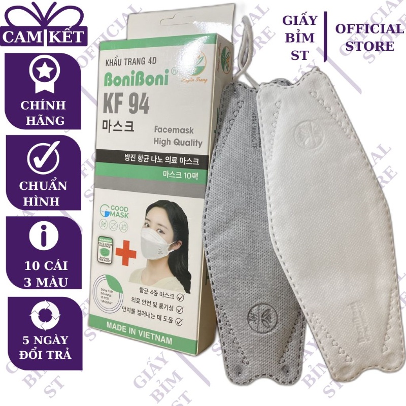 Khẩu trang 4 lớp 3D KF94 con cá Hàn Quốc chống bụi mịn và kháng khuẩn 10 cái/hộp màu trắng, màu ...
