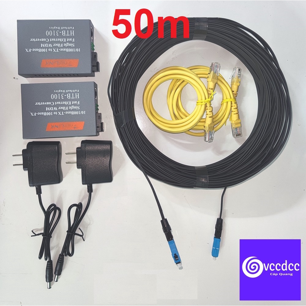 Combo 50m cáp quang 1fo gia cường bấm sẵn 2 đầu + cặp converter quang ...