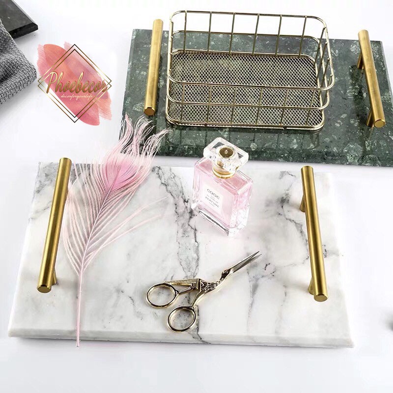 (XẢ KHO) Khay đá đựng mỹ phẩm có tay cầm làm bằng kim loại dát vàng ...