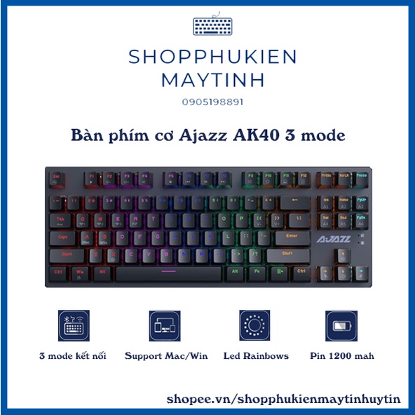 Bàn phím cơ không dây AJAZZ AK40 multi LED 3 mode kết nối Bluetooth, Usb 2.4 Ghz, dây Type C ...