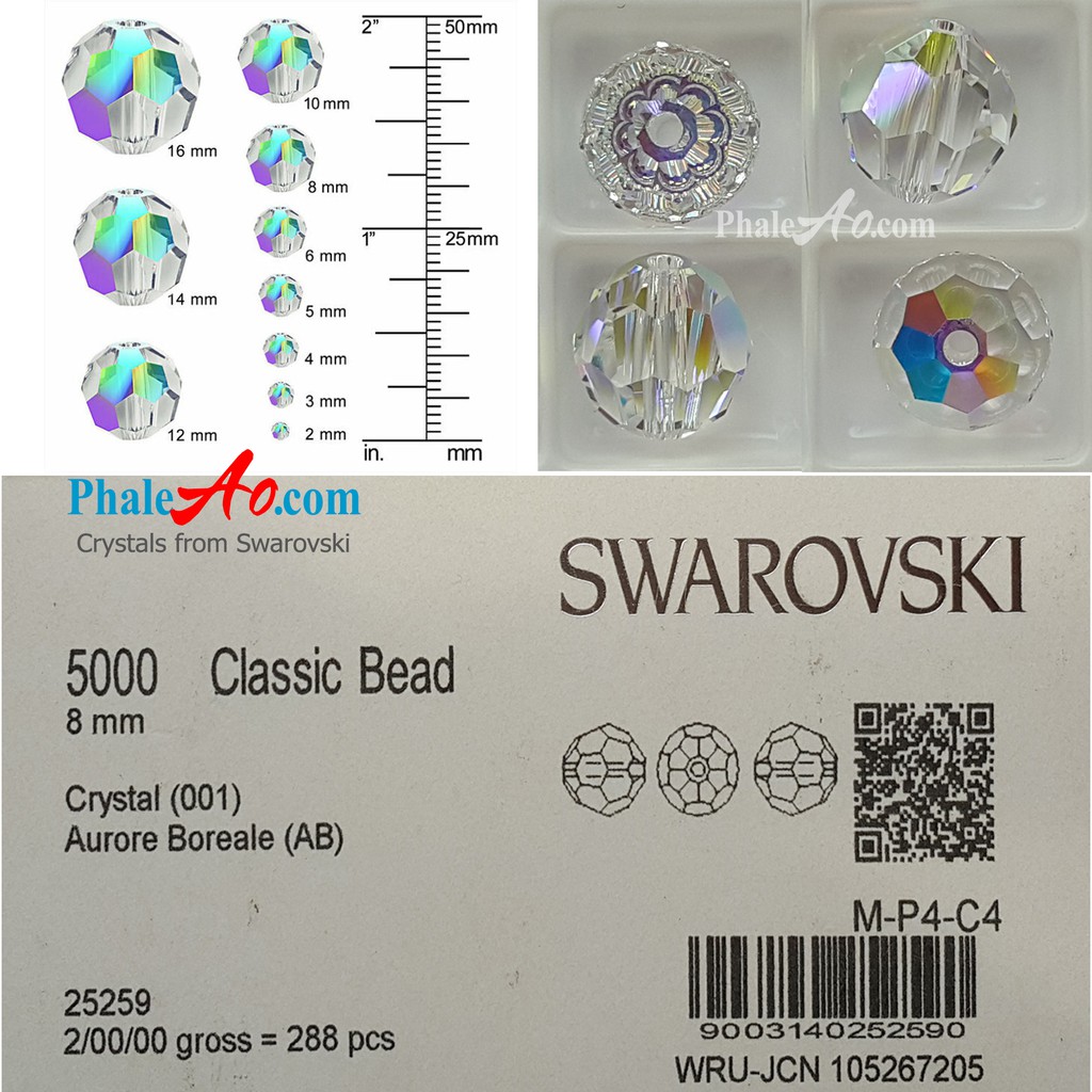 SWAROVSKI Pha lê Áo hạt tròn 4,6,8,10ly - 5000 classic bead 001AB Crystal Aurore Boreale, tặng ...