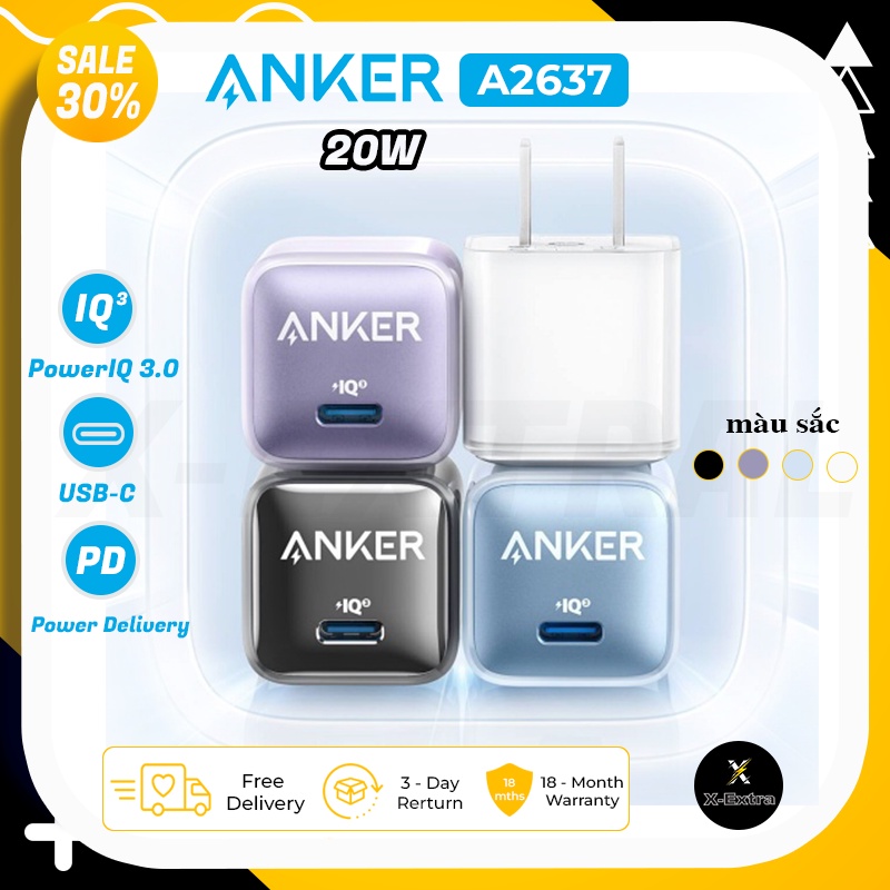 Củ sạc Anker A2637 Nano Pro 20w sạc nhanh các thiết bị di động PD/IQ 3. ...
