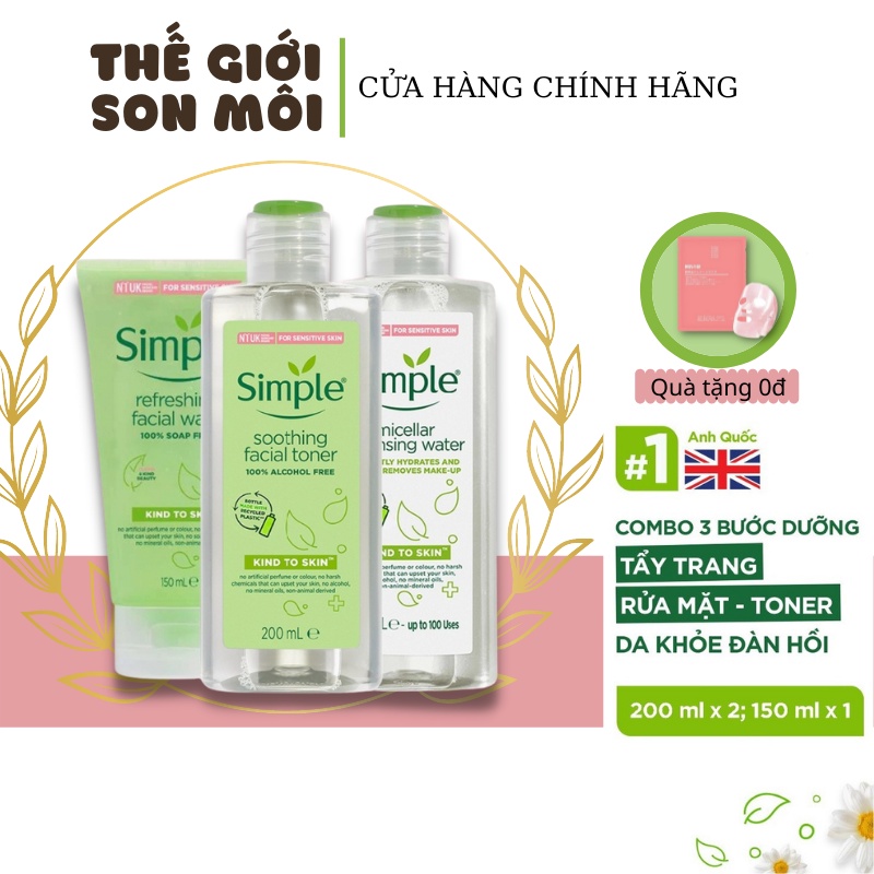 Simple dưỡng da trọn gói dịu nhẹ Combo (Tẩy trang + Sữa rửa mặt + Toner ...