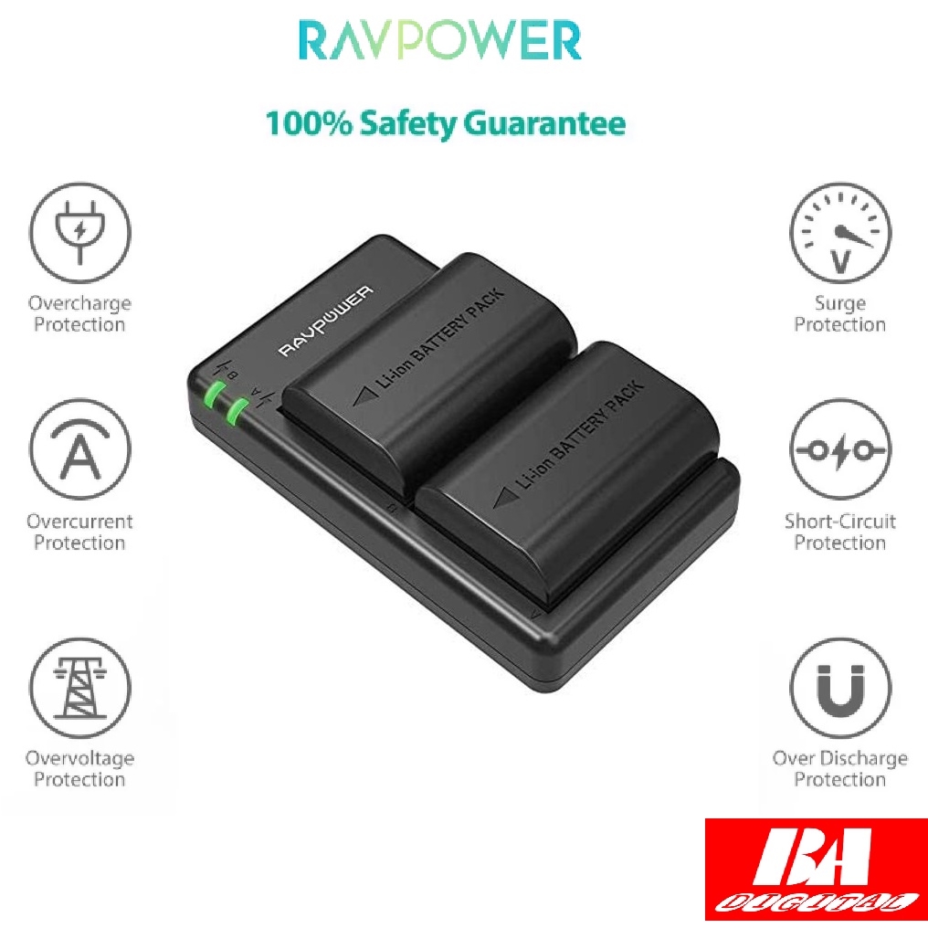 Bộ 2 pin+sạc đôi cho Canon LP-E6/E6N RAVPOWER dùng cho máy ảnh EOS R 90D 5d4 70D 6d2 R6 R5 5D2 ...