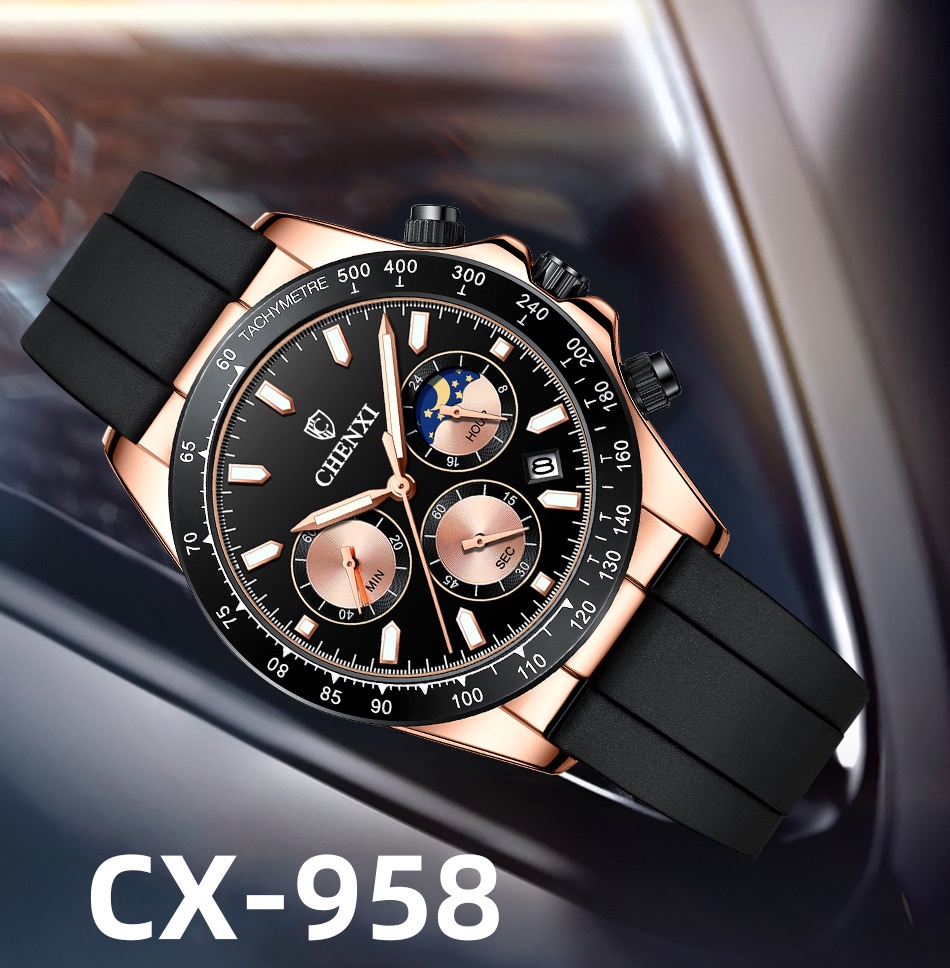 Đồng hồ nam chính hãng dây cao su CHENXI CX-958 chạy 6 kim cao cấp máy nhật bền đẹp | Shopee ...