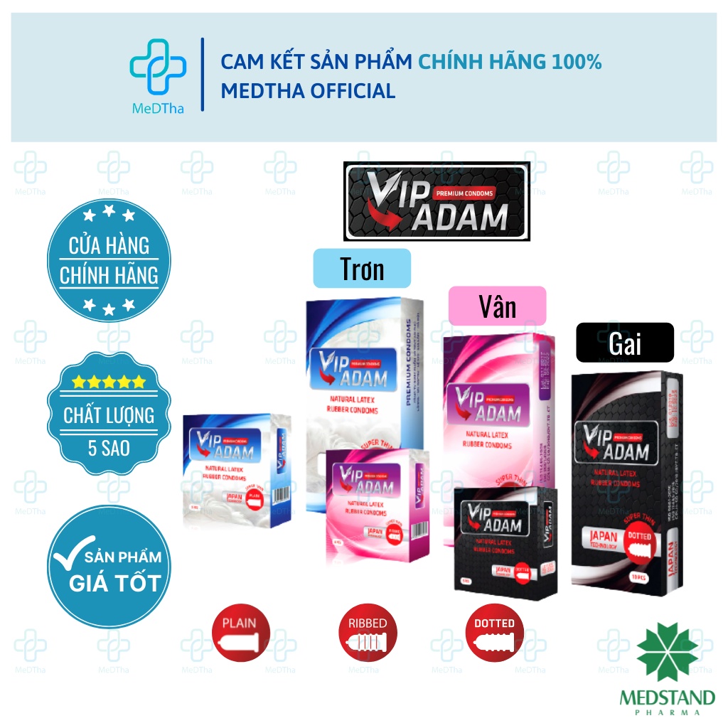 Bao cao su VIP ADAM Medstand - Bao cao su siêu mỏng, dai loại trơn, gai, gân (Hộp 3 Cái/10 Cái ...