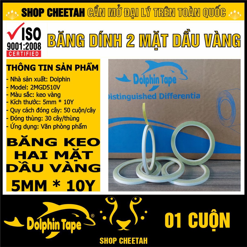 [1 cuộn KT: 5mm*10Y] Băng dính hai mặt dầu vàng – Dùng trong công tác VPP, dán hồ sơ, bao thư ...