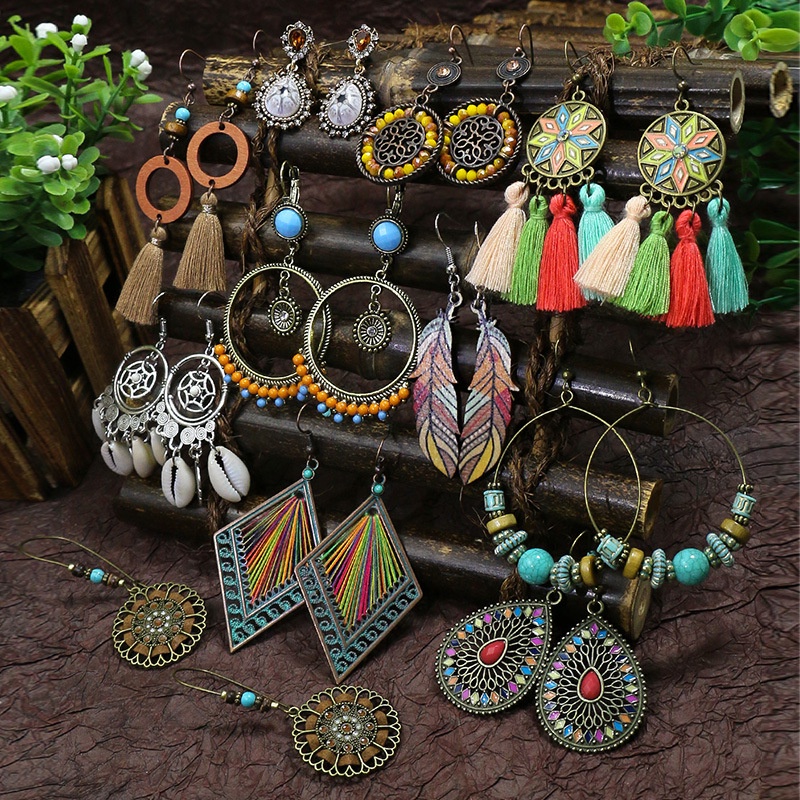 Bohemian Hình Học Vòng Tròn Tua Rua Bông Tai Móc Treo Vintage Bộ Lạc Hạt Tròn Bông Tai Cưới Nữ ...