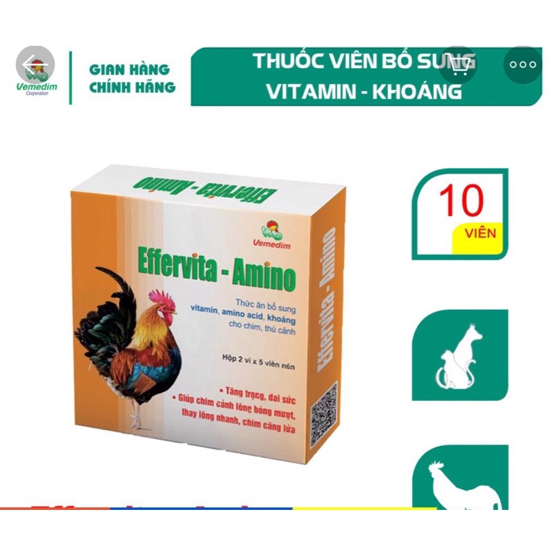 Vemedim Effervita-Amino thuốc viên bổ sung vitamin, amino acid, khoáng cho chim cảnh, gà đá, chó ...