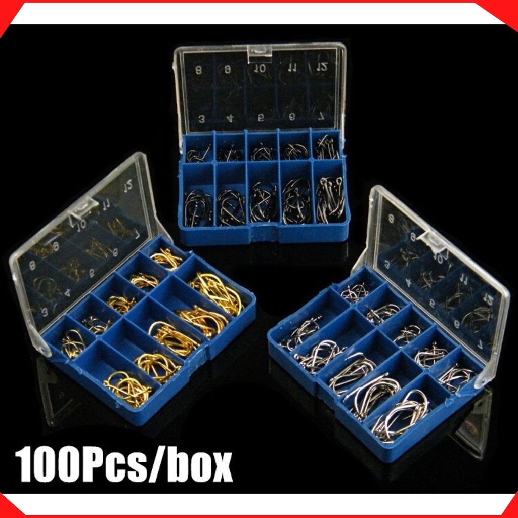 Set 100 móc câu cá đầy đủ kích thước kèm hộp , nhiều size số băt sđươc ...